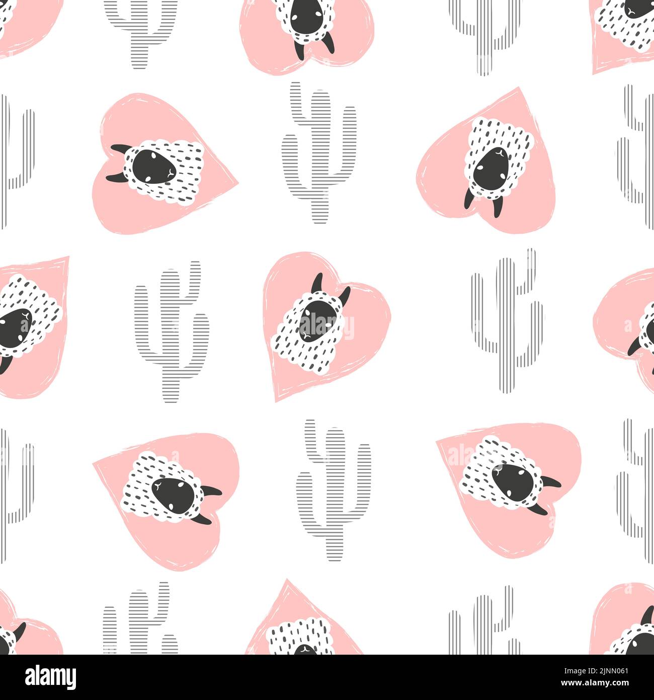 Seamless heart pattern with cute llama and cactus. Trendy vector print ...