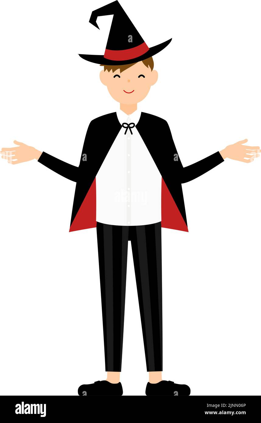 Halloween costume, boy in wizard costume holding out his arms Stock ...