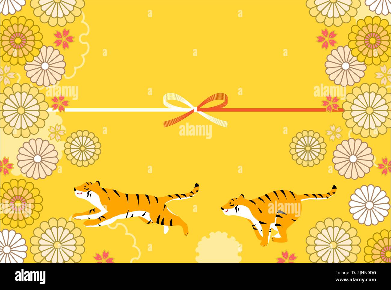New Year's card, two running tigers and flower pattern, Year of the Tiger 2022 Stock Vector ...