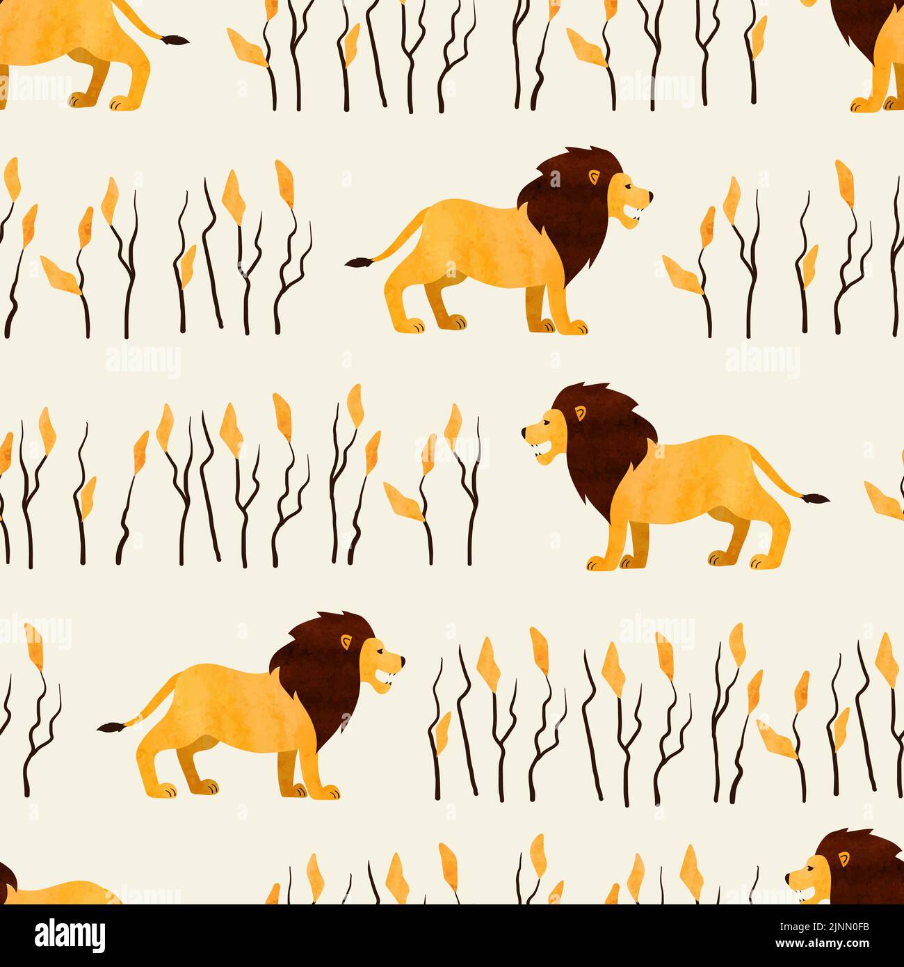 Seamless African pattern with cute lion. Vector watercolor illustration ...