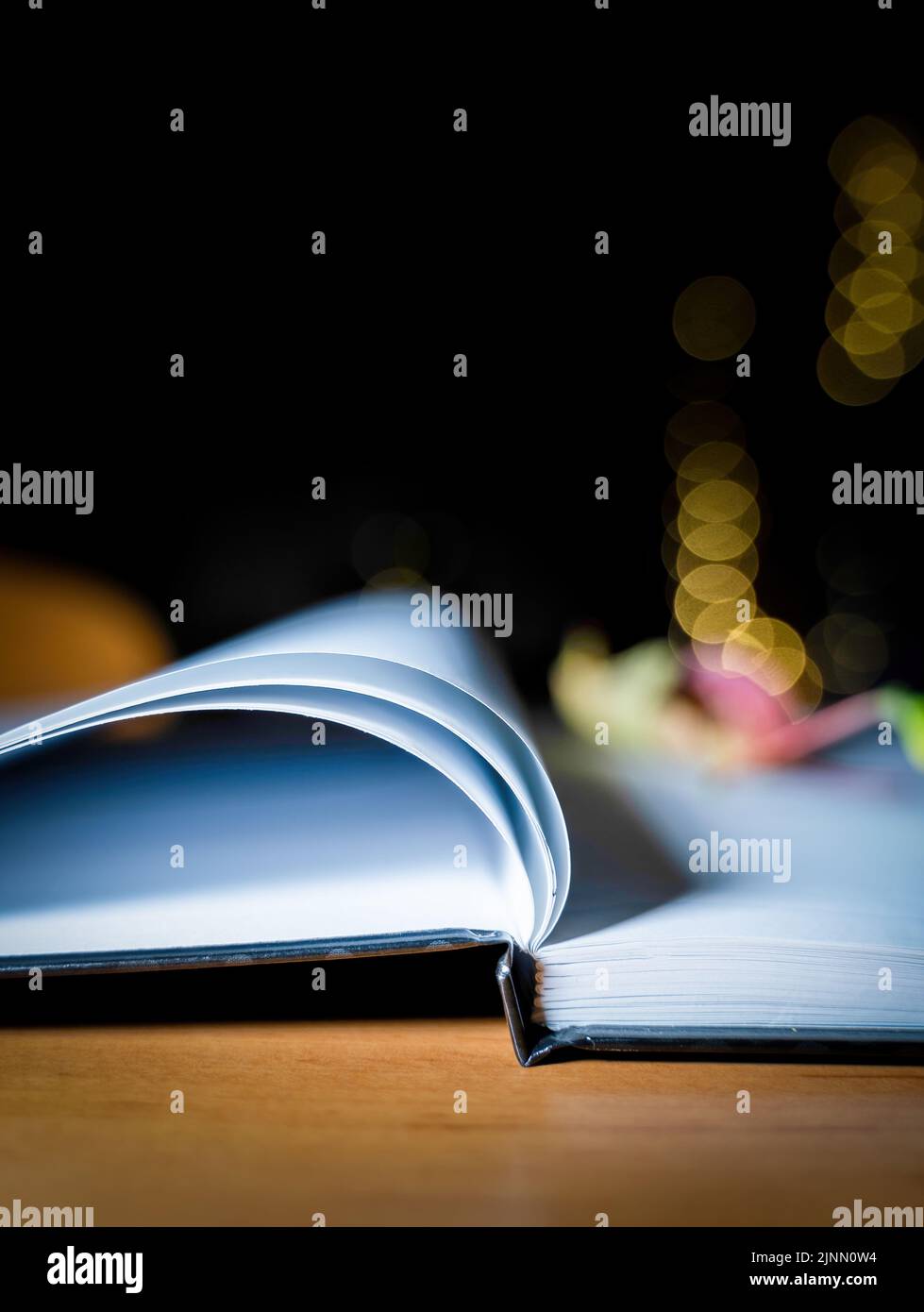 An open notebook or diary with white pages against bokeh lights in the ...