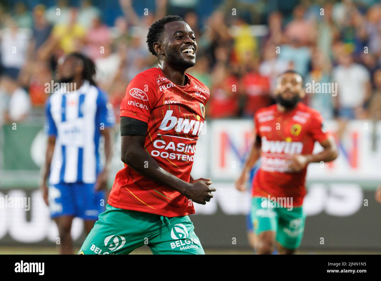 Oostende, Belgium. 12th Aug, 2022. Oostende's David Atanga celebrates ...