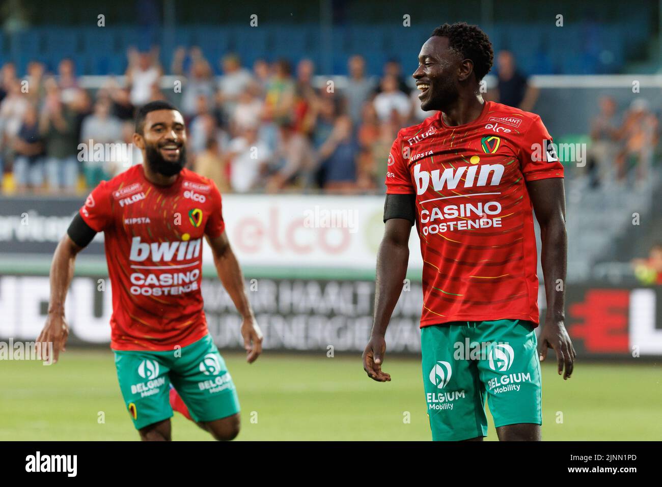 Oostende, Belgium. 12th Aug, 2022. Oostende's David Atanga celebrates ...