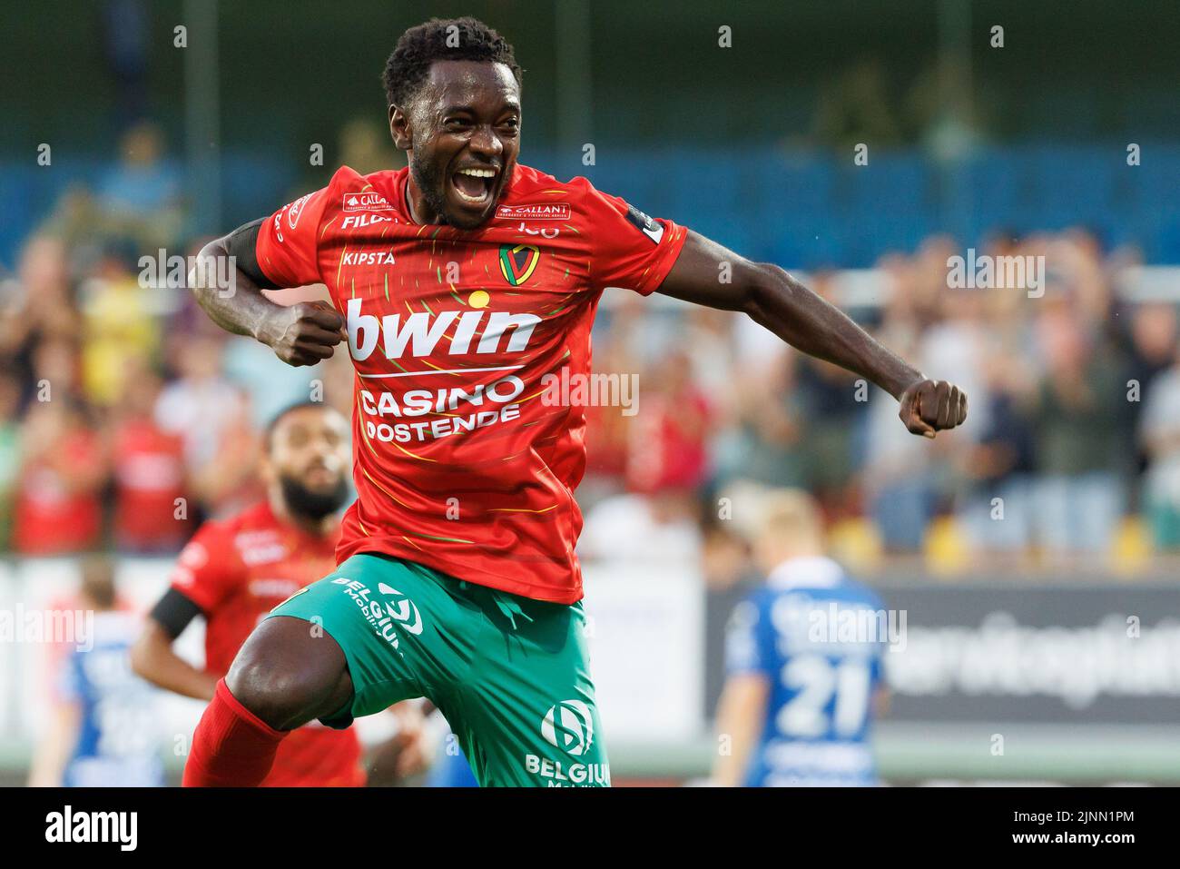 Oostende, Belgium. 12th Aug, 2022. Oostende's David Atanga celebrates ...