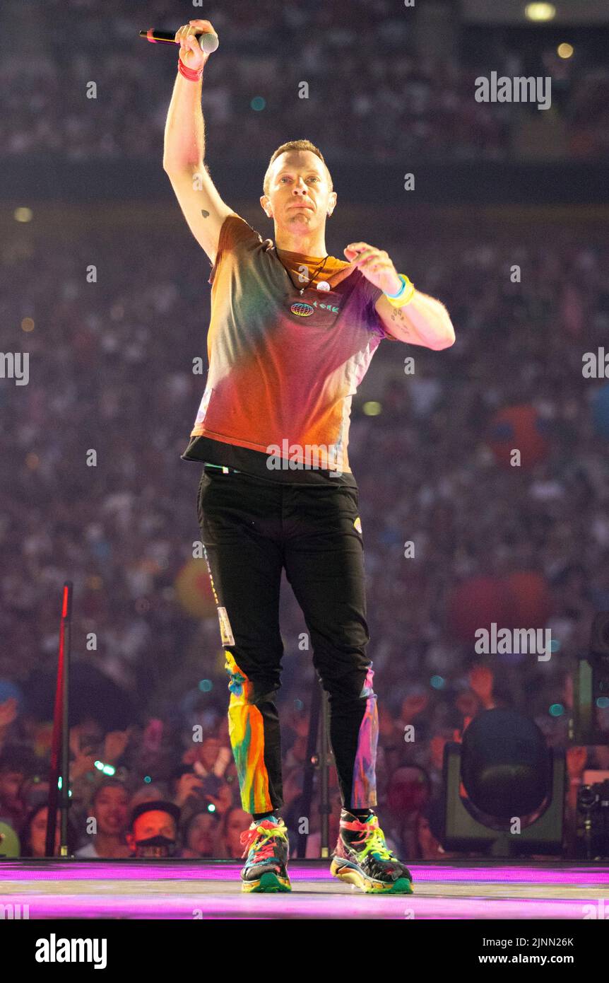 Coldplay's Chris Martin performing on stage at Wembley Stadium, north ...
