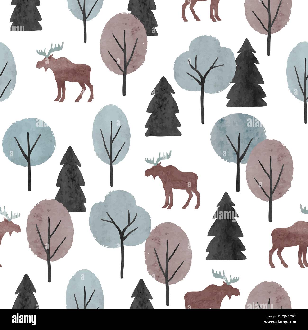 Seamless forest pattern with elks. Vector watercolor wood illustration ...