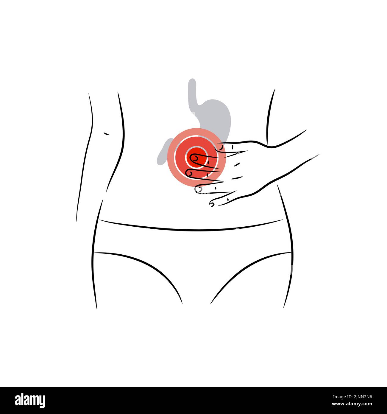 Stomach pain vector illustration. Woman suffers from abdominal ache ...