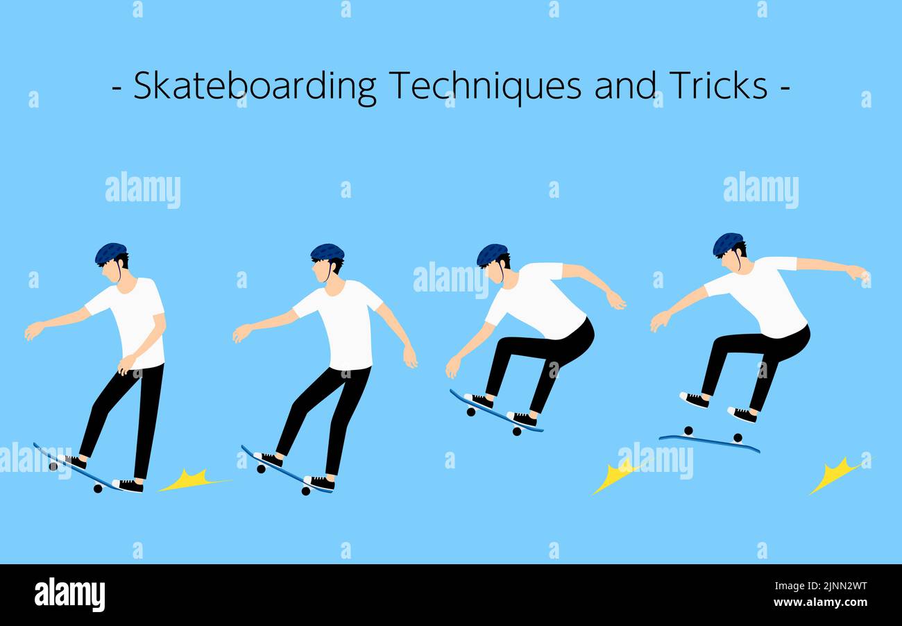 Basic skateboarding techniques and tricks Tail brake, manual, ollie ...