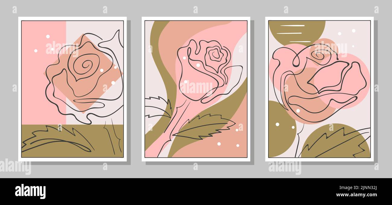 Minimal modern line art rose flower. Set of abstract floral posters ...