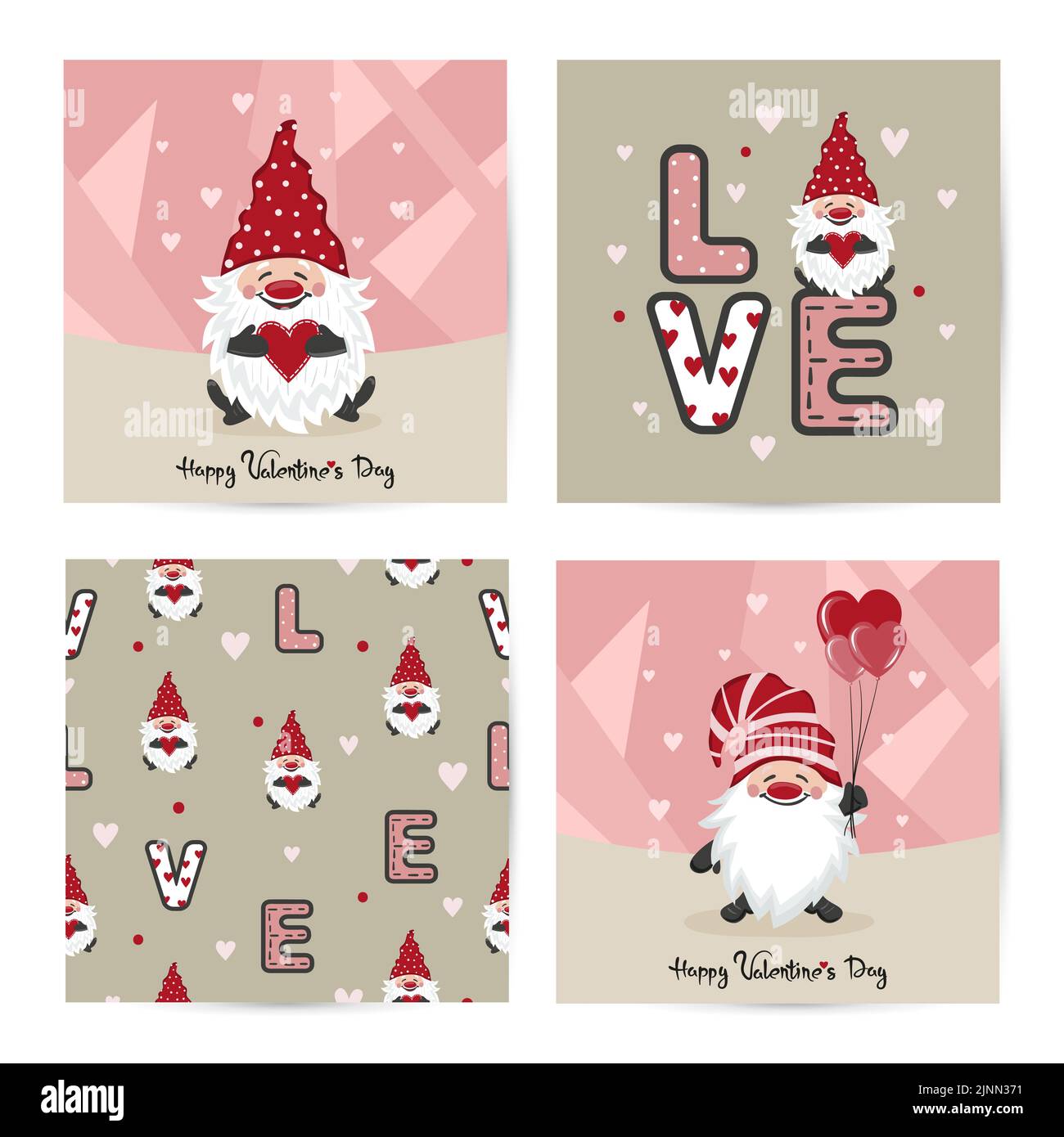 Valentines day card set with cute gnome and red hearts. Vector love ...