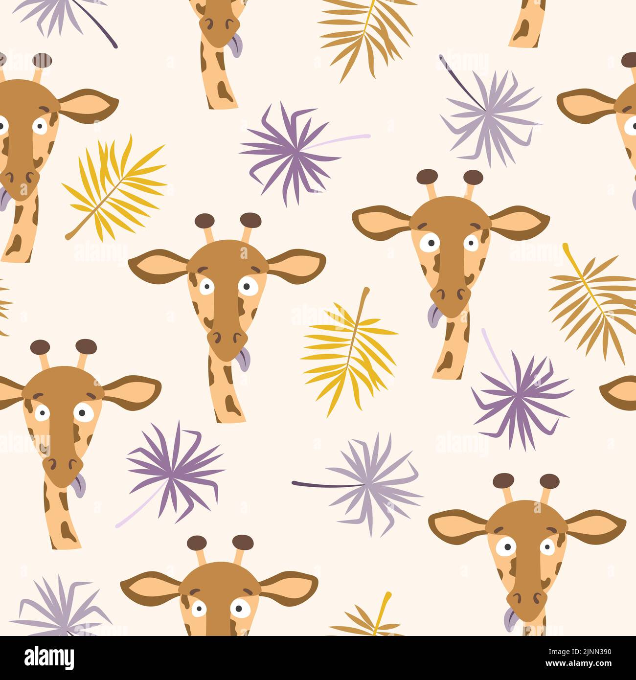 Seamless tropical pattern with funny giraffe and leaves. Summer print ...