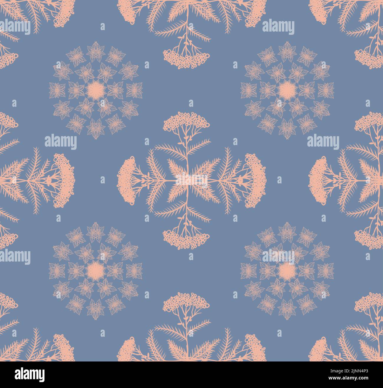 Soft apricot flower mandalas on pastel blue repeating pattern seamless ...