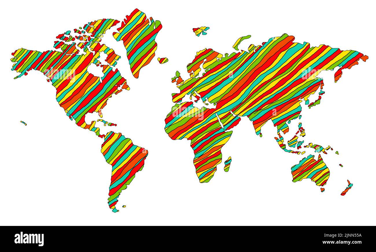 World map with colourful sketch, 3d rendering Stock Photo - Alamy