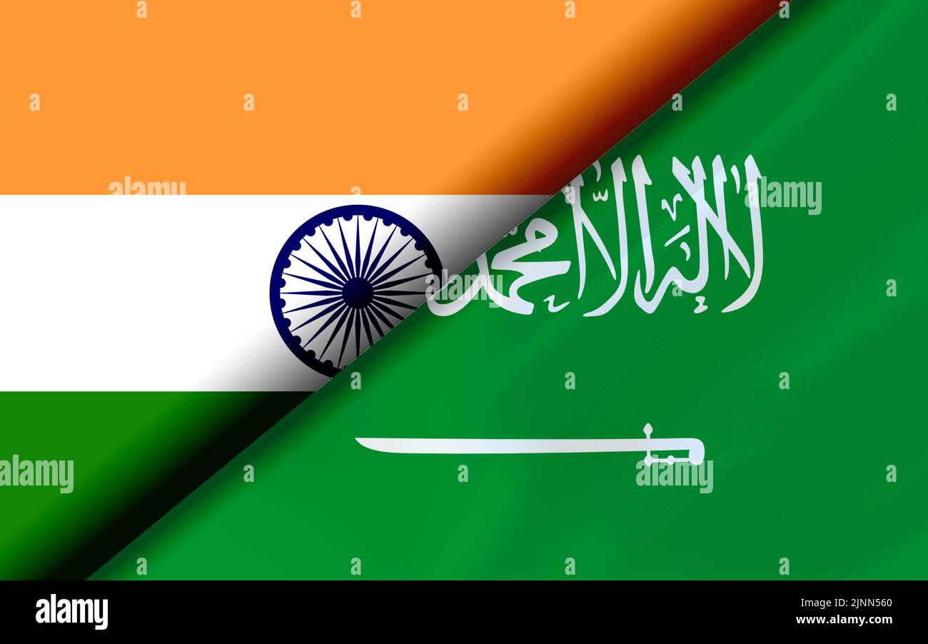 Flags of the India and Saudi Arabia divided diagonally. 3D rendering ...