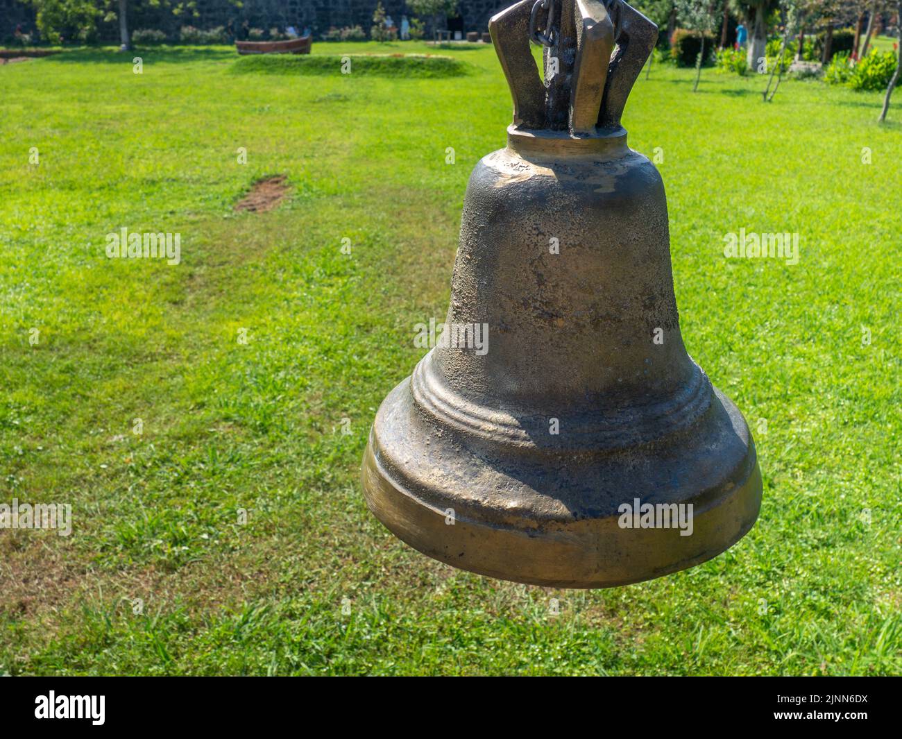 Hanging old bell of small size. Church attribute. Metal bell Stock ...