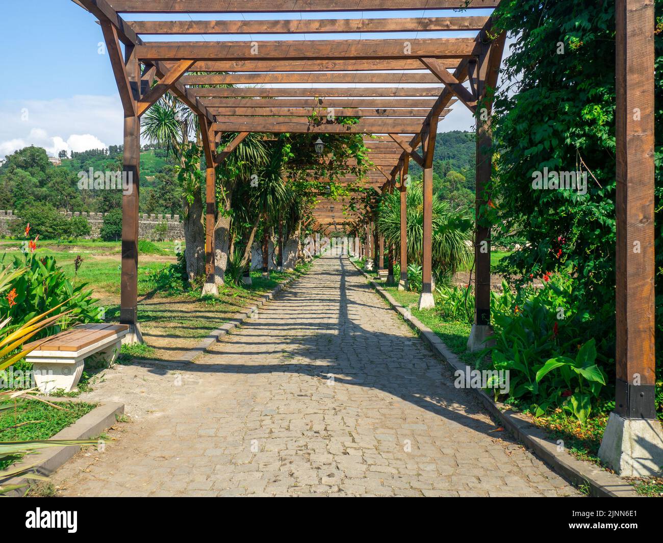 Decorative tunnel made of wooden beams. Park decoration. Alley for ...