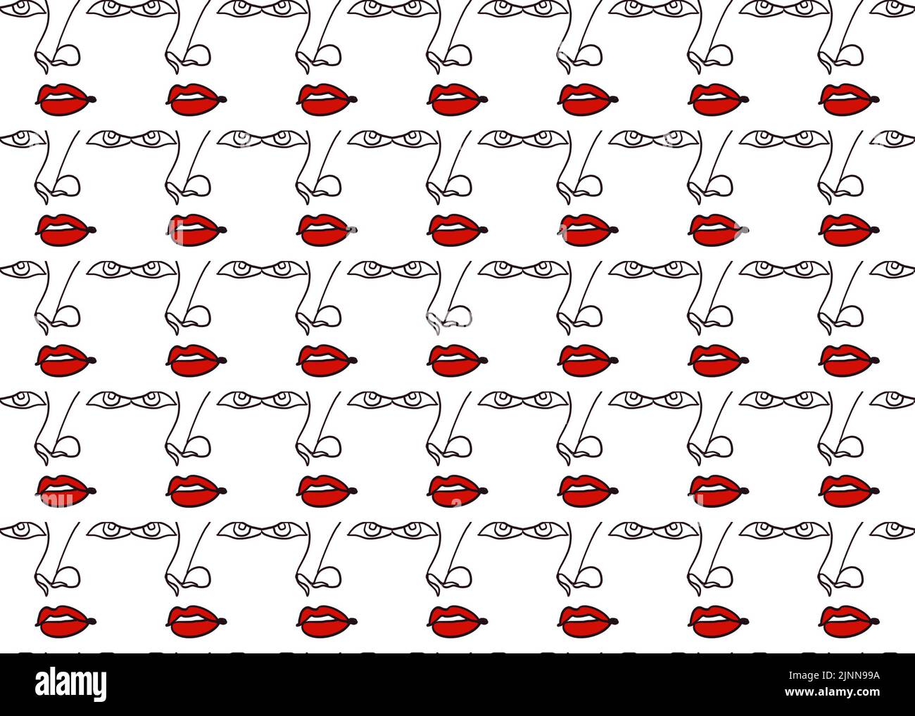Line drawing of a female face with red lips, small scale seamless ...