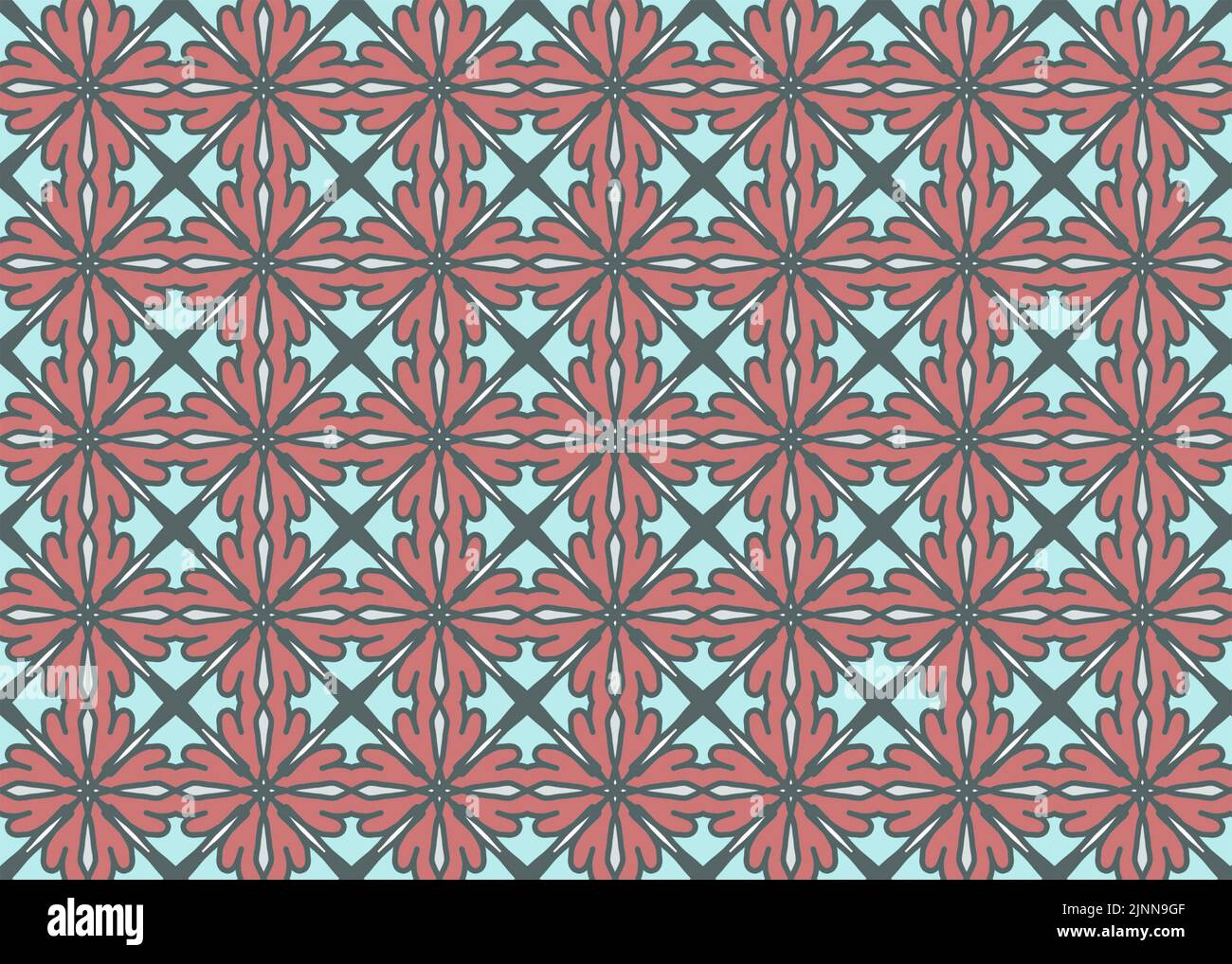 Geometric pale red orange floral shapes and lines on pastel blue small ...