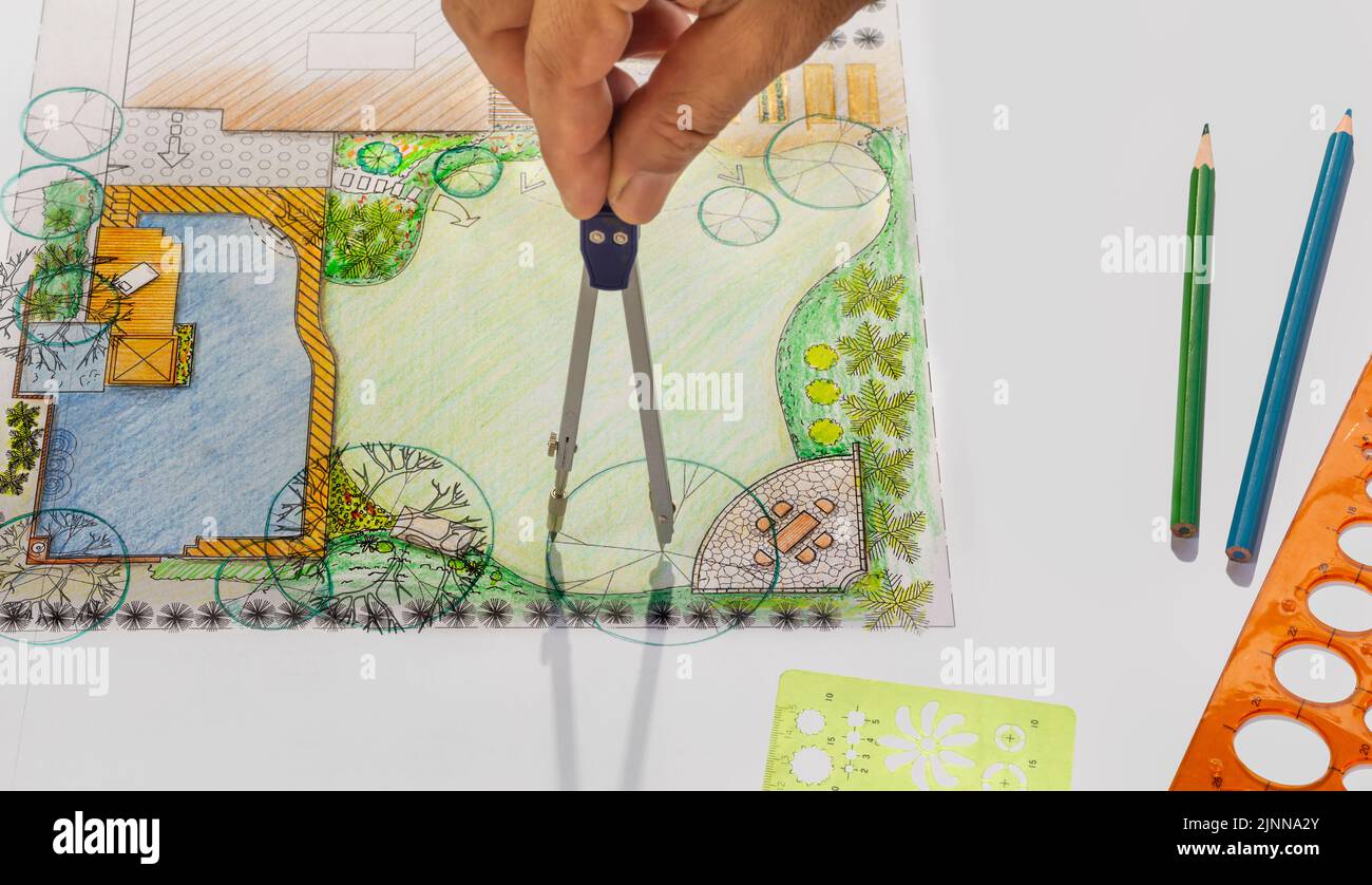Landscape architect student learning design backyard pool and garden ...