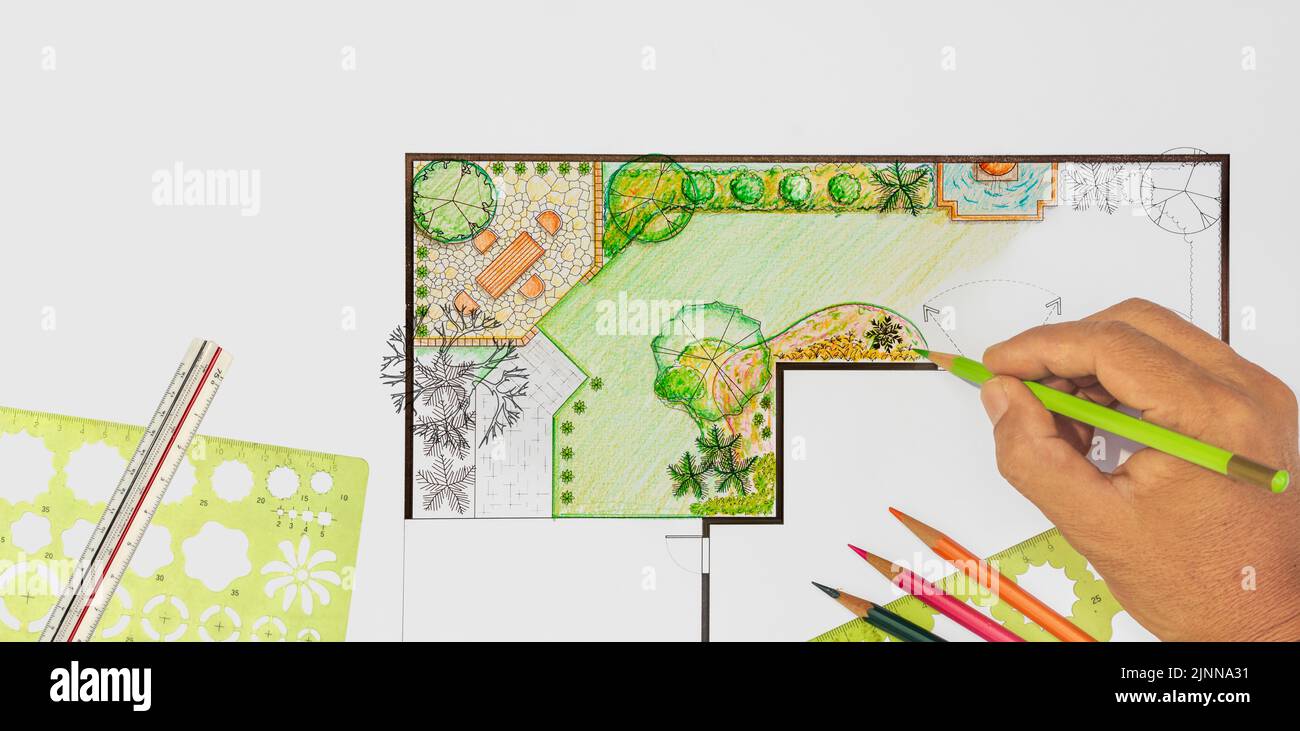 Landscape architect student learning design backyard pool and garden ...