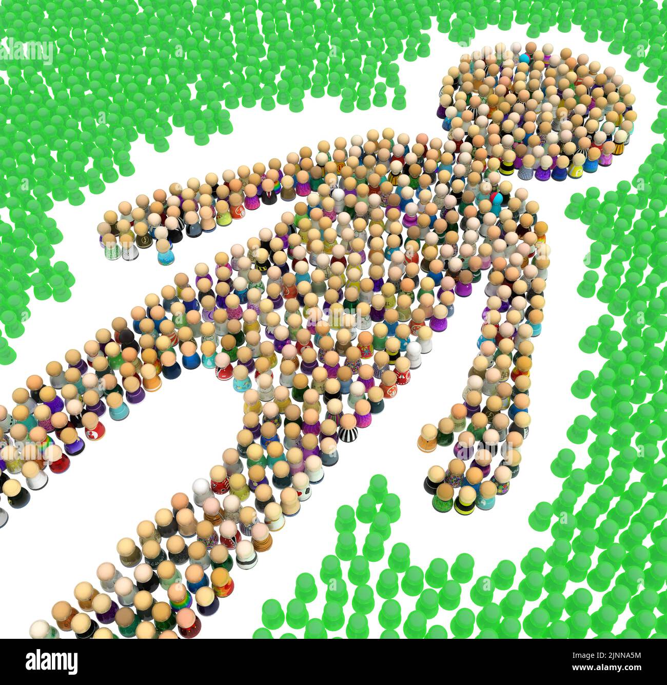 Crowd of small symbolic figures forming big person shape green surround ...