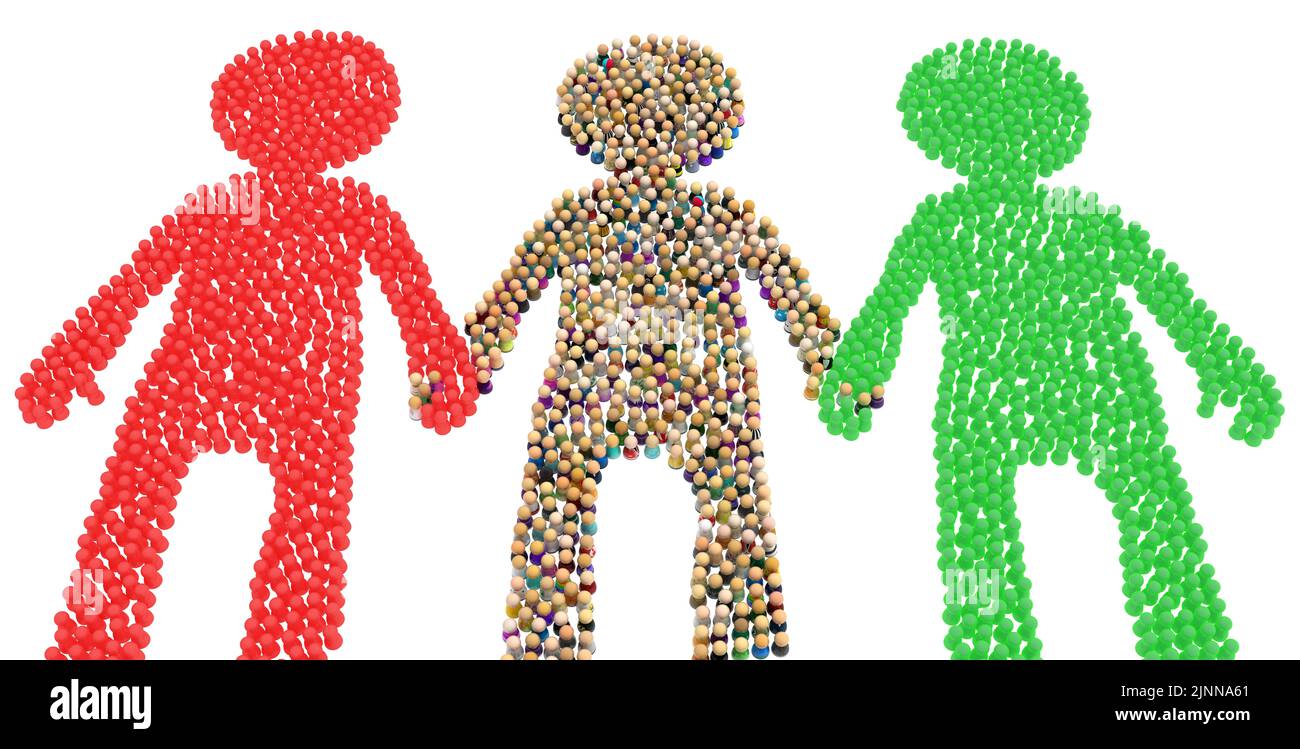 Crowd of small symbolic figures forming big person shape red green hand ...