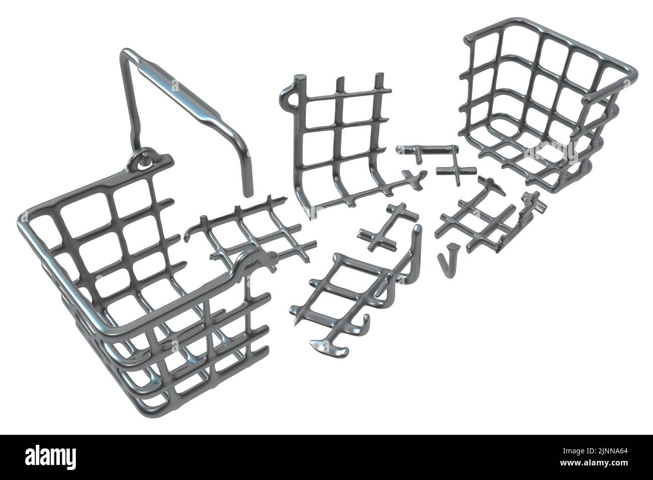 Shopping basket metal breaking parts split, 3d illustration, horizontal ...