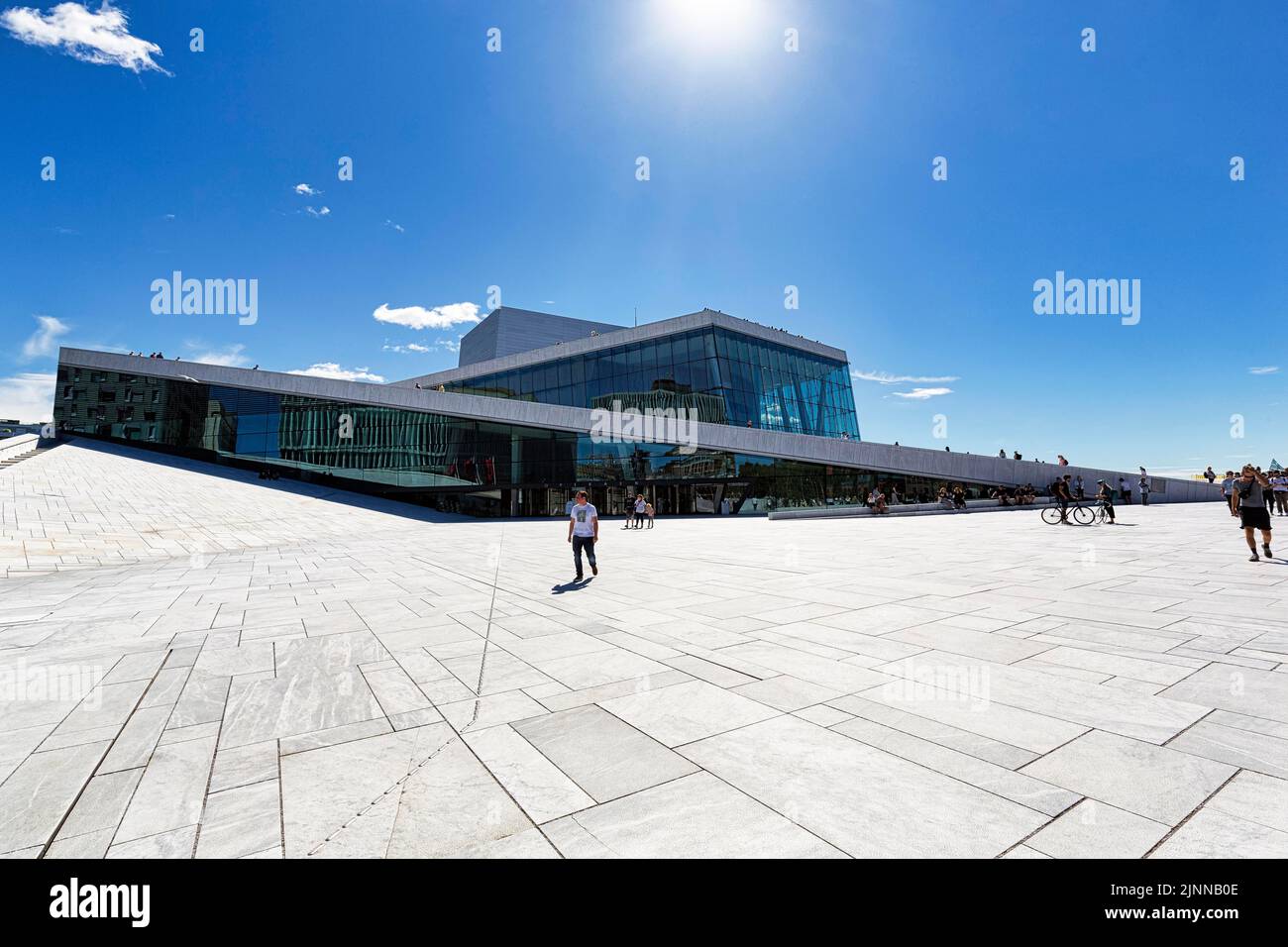 Pedestrians on the white forecourt and roof of the opera house in ...