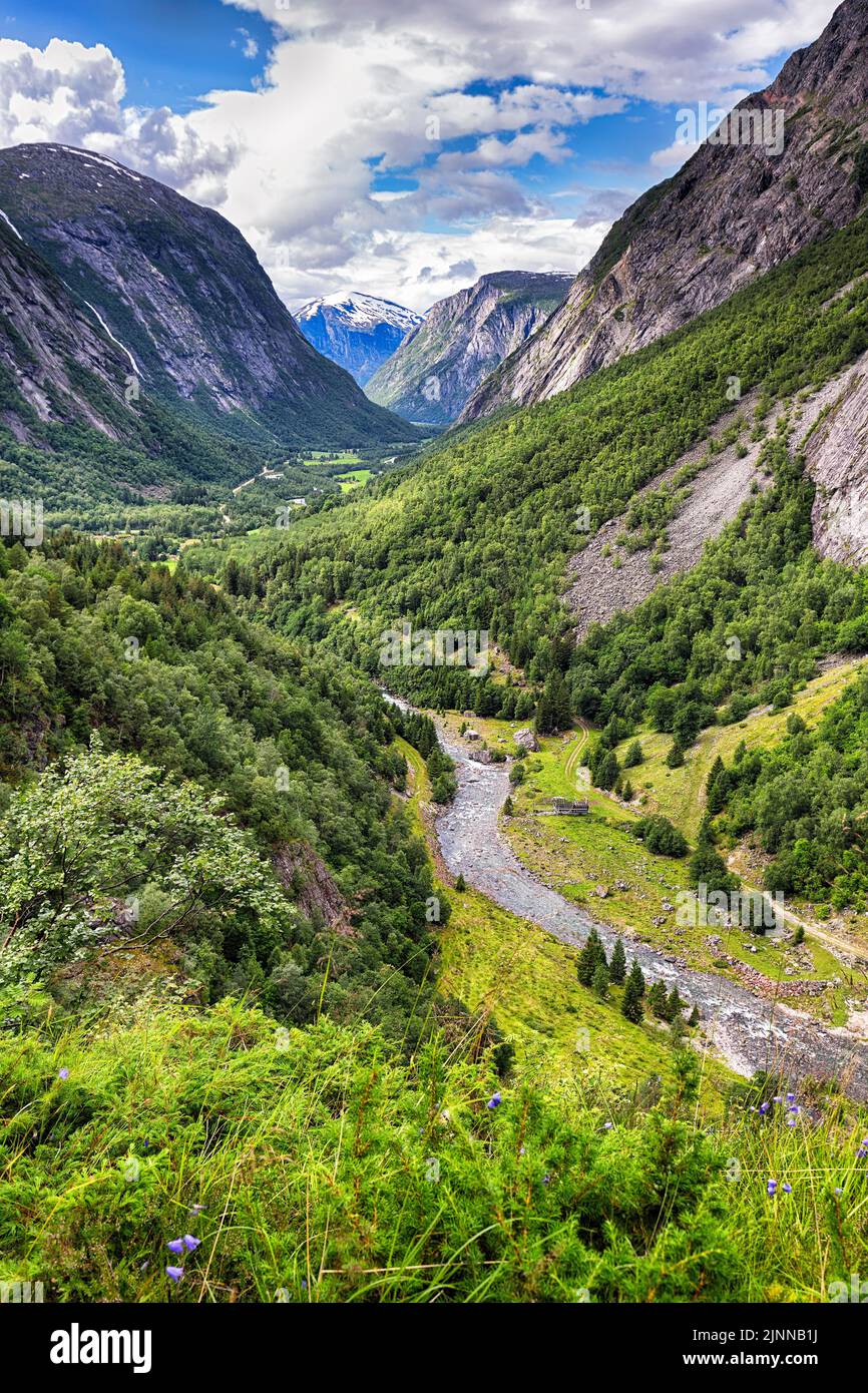 View from above of the forested valley Eikesdalen, high mountains and ...