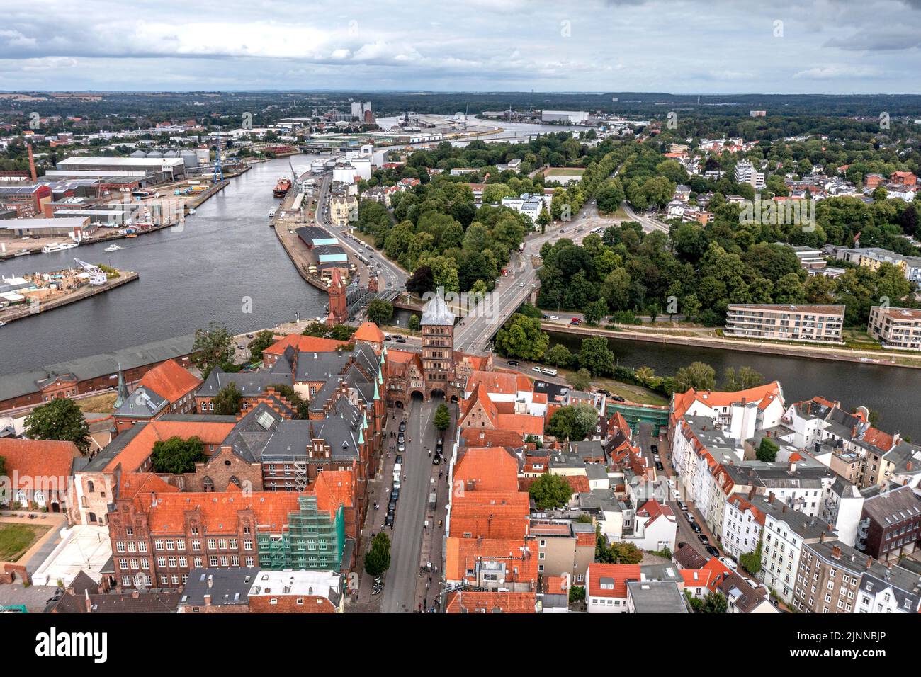 Drone shot, drone photo, historical city centre of Luebeck with view of ...