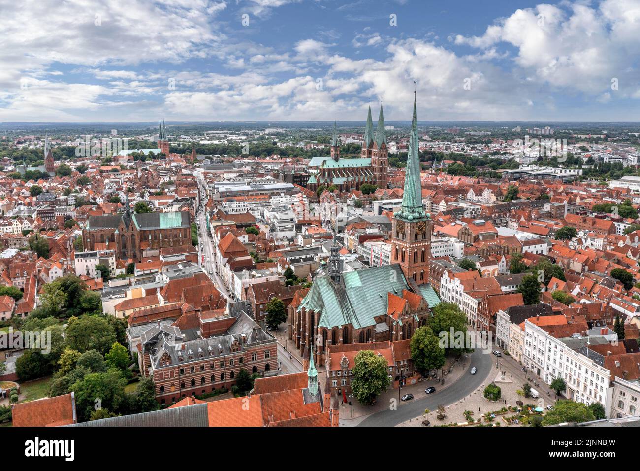 Drone shot, drone photo, historical city centre of Luebeck with view of ...