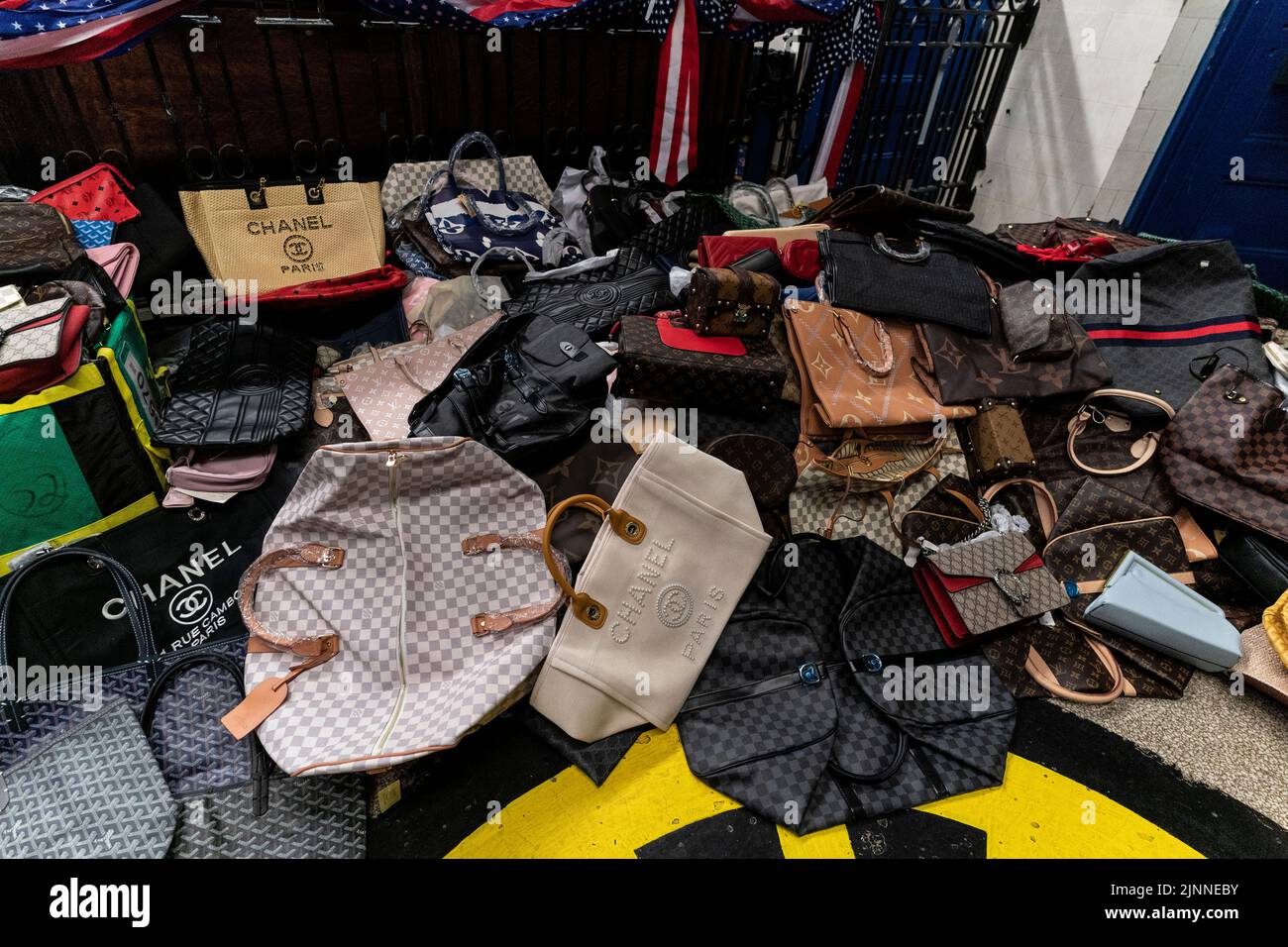 New York, NY - August 12, 2022: counterfeit merchandise on display ...