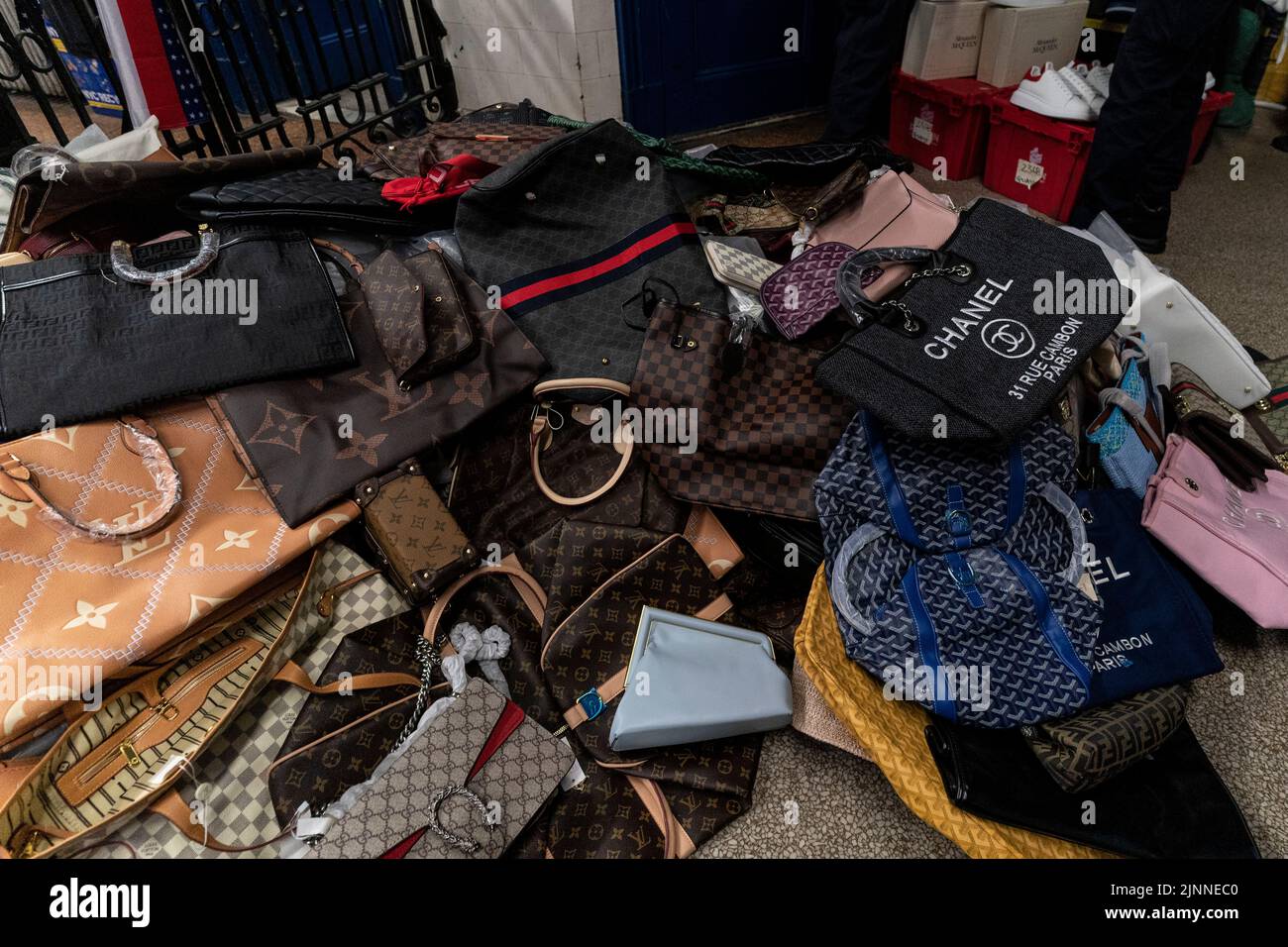 New York, NY - August 12, 2022: counterfeit merchandise on display ...