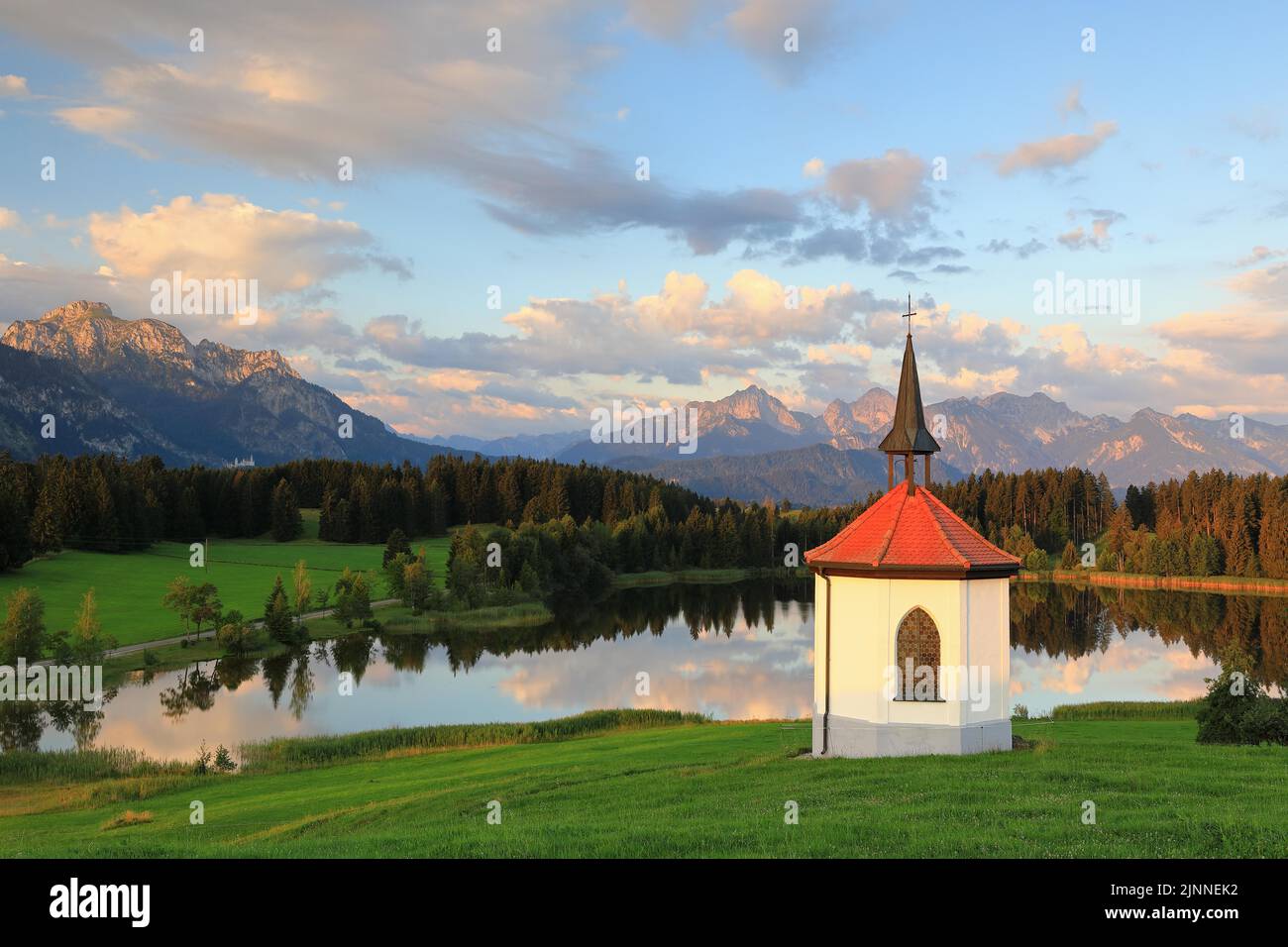 Chapel at the lake, farmhouse, Hergatsried lake, common reed ...