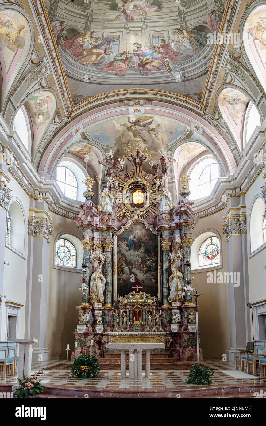 Church, St. Nicholas Parish Church, interior view, altar area, Tannheim ...