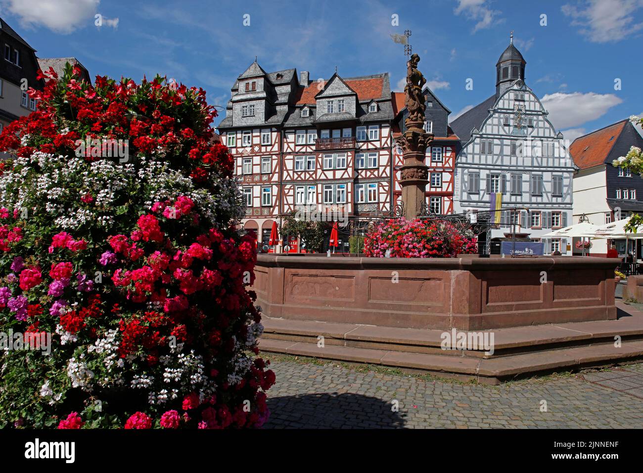 Market place. Market fountain, old half-timbered town hall, 16th ...