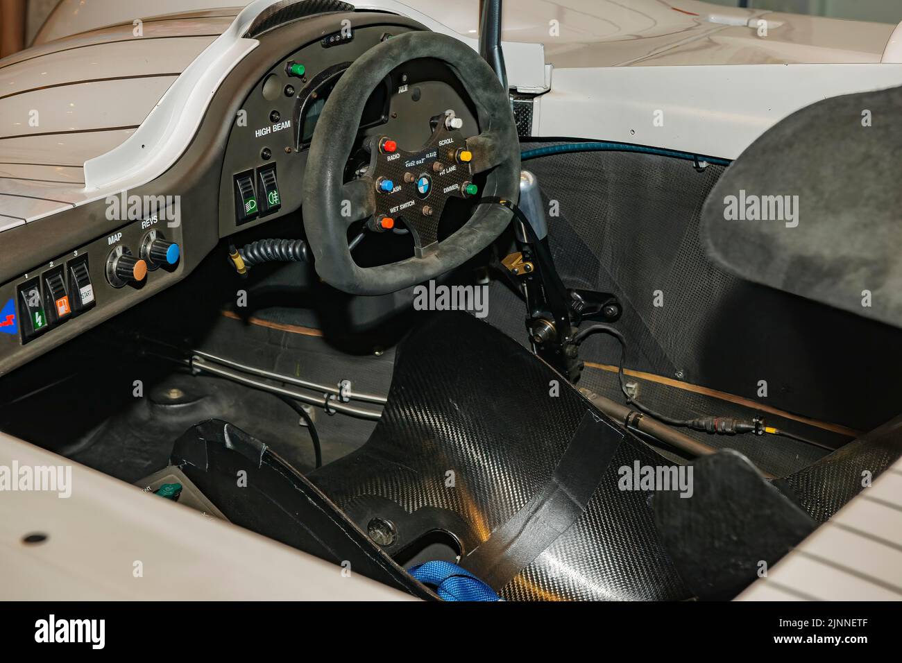View into cockpit of historic racing car BMW V12 LMR Le Mans for 24h 24 ...
