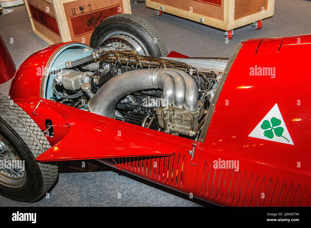 View into engine compartment of historic Italian racing car Alfa Romeo ...