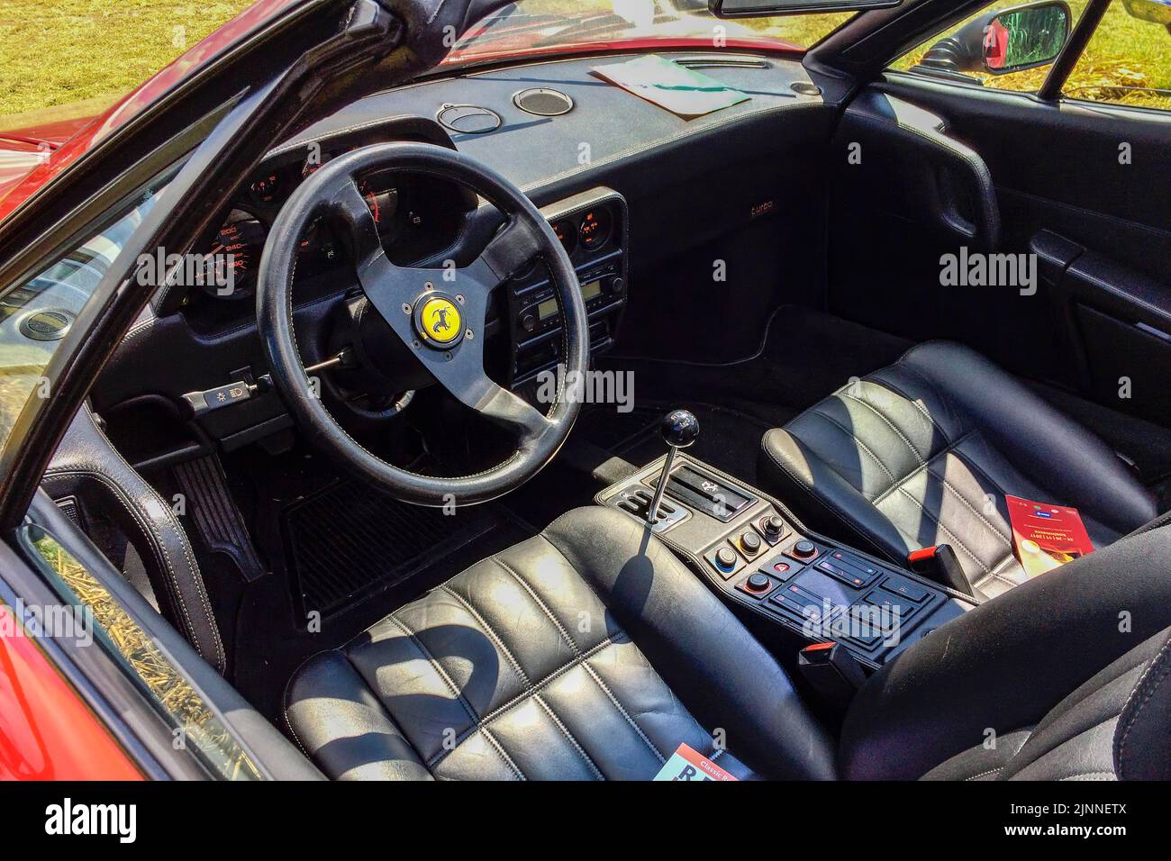 View inside dashboard of historic classic sports car Ferrari GTS turbo ...