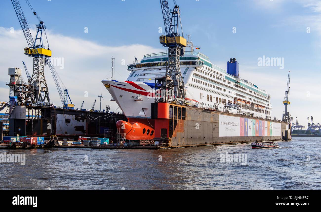Cruise ship Aurora in dry dock on the Elbe in the port of Hamburg ...