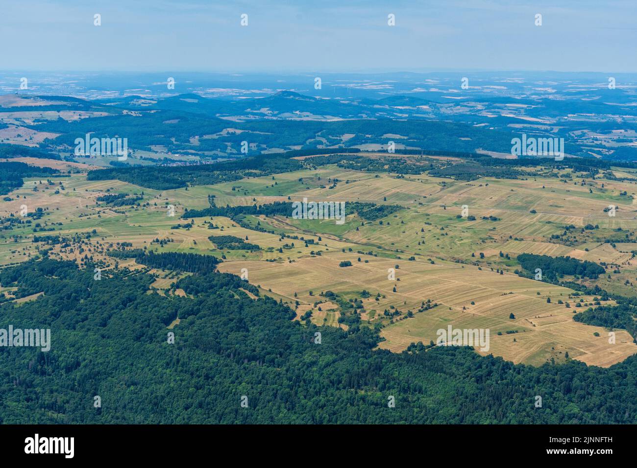 Aerial view of the Hohe Rhoen, low mountain range, plateau, biosphere ...