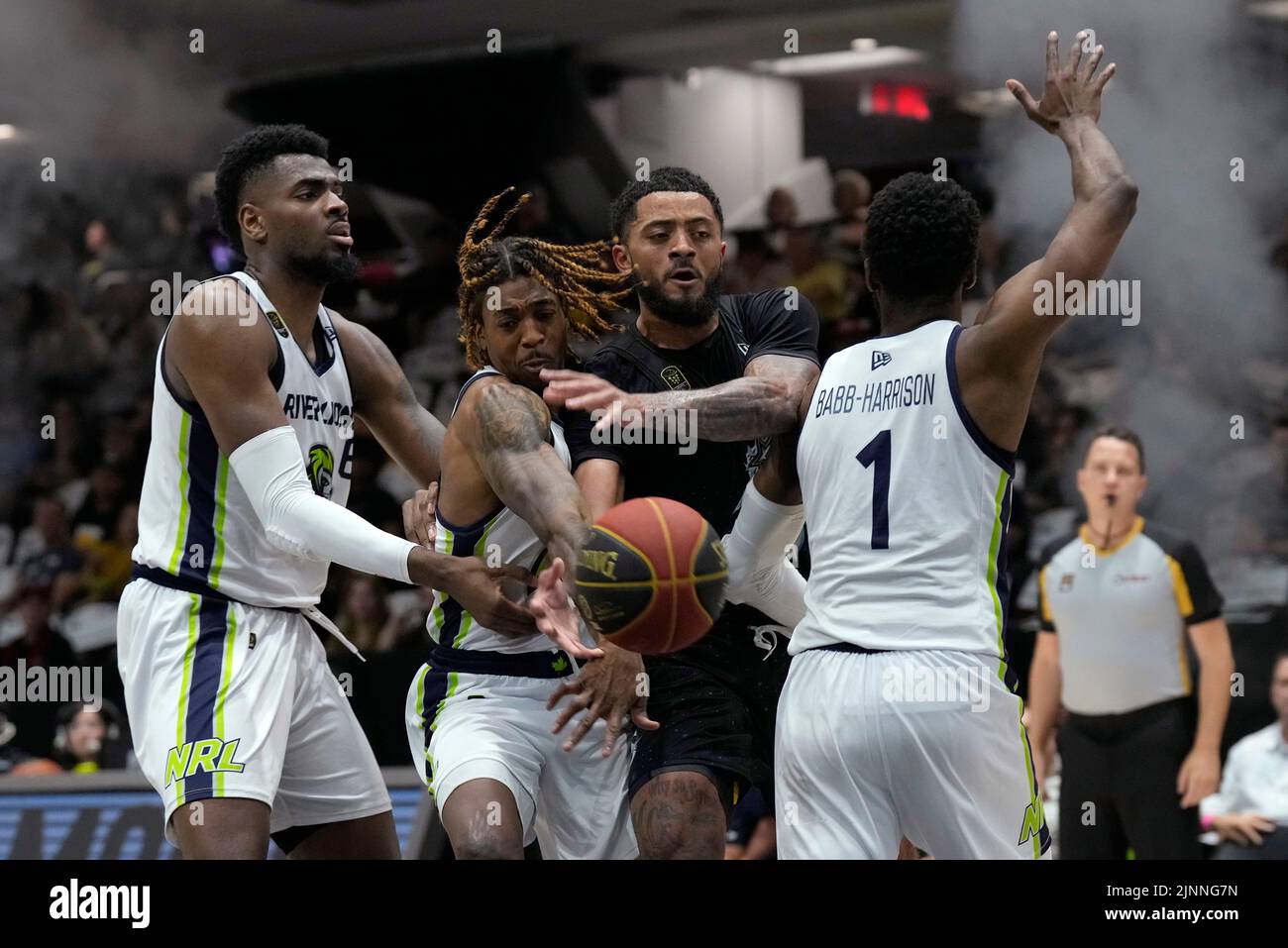 Scarborough Shooting Stars guard Jalen Harris makes a pass under ...