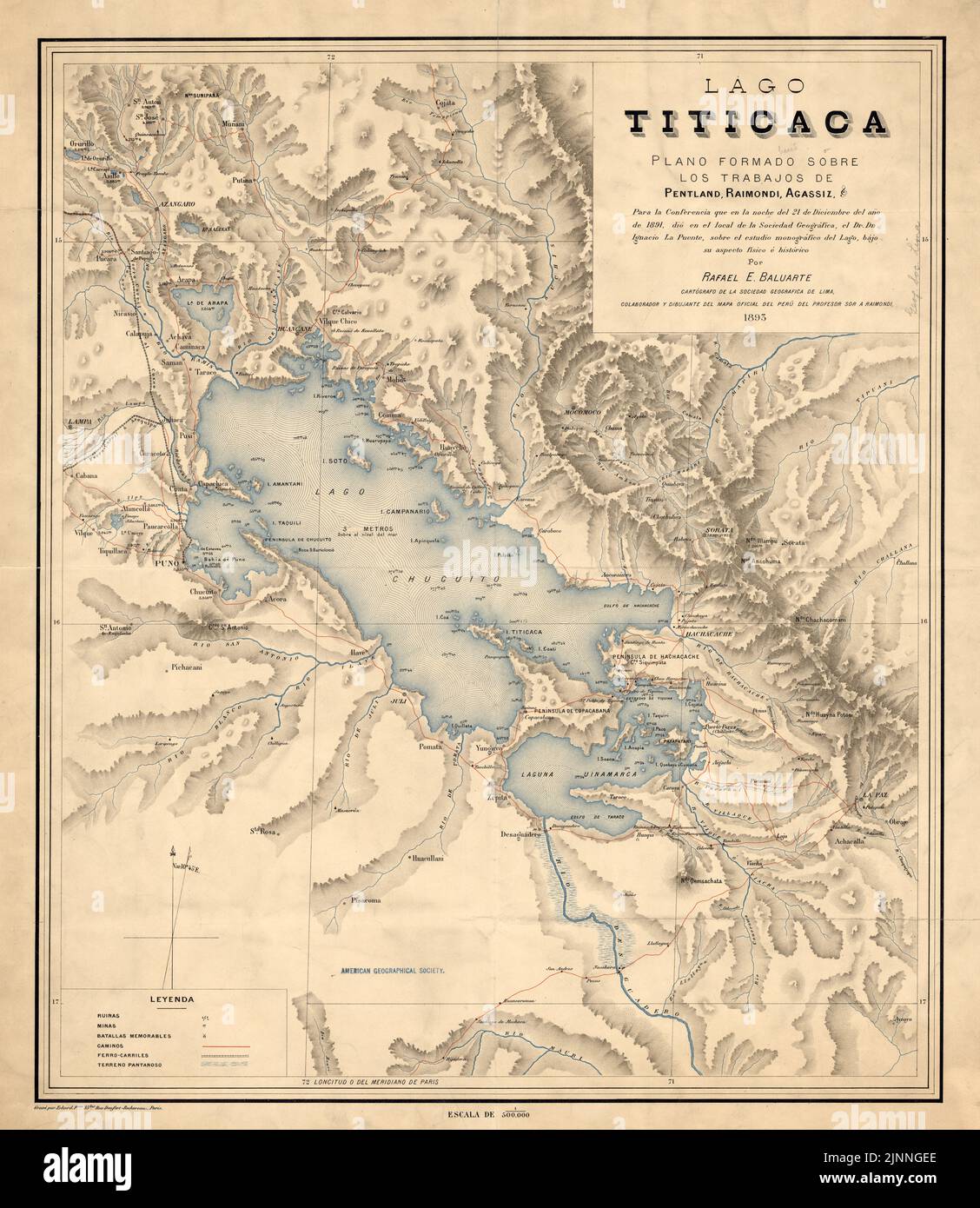 Vintage19the century map of Lake Titicaca in Bolivia and Peru ca 1893 ...