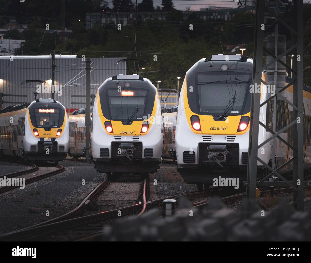Trains in the signal box on parking position at dusk, Pforzheim ...