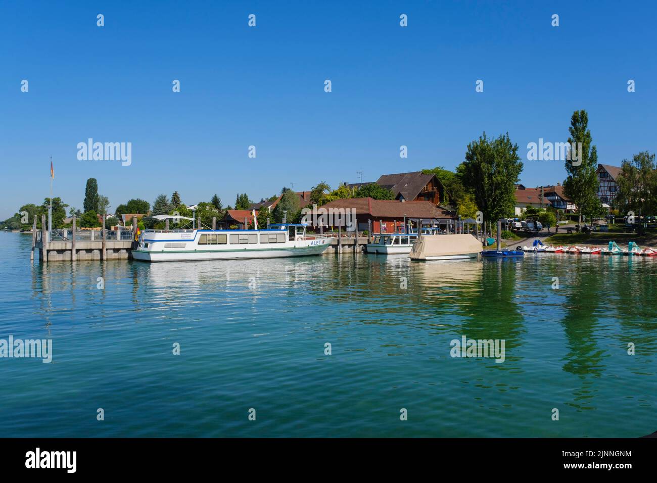 Jetty at the harbour, Allensbach, Lake Constance, Baden-Wuerttemberg ...