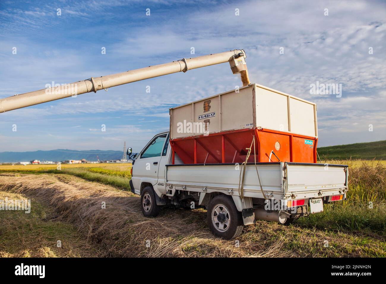 Loading hopper truck from combine, rice harvest, Tosu, Saga, Japan ...