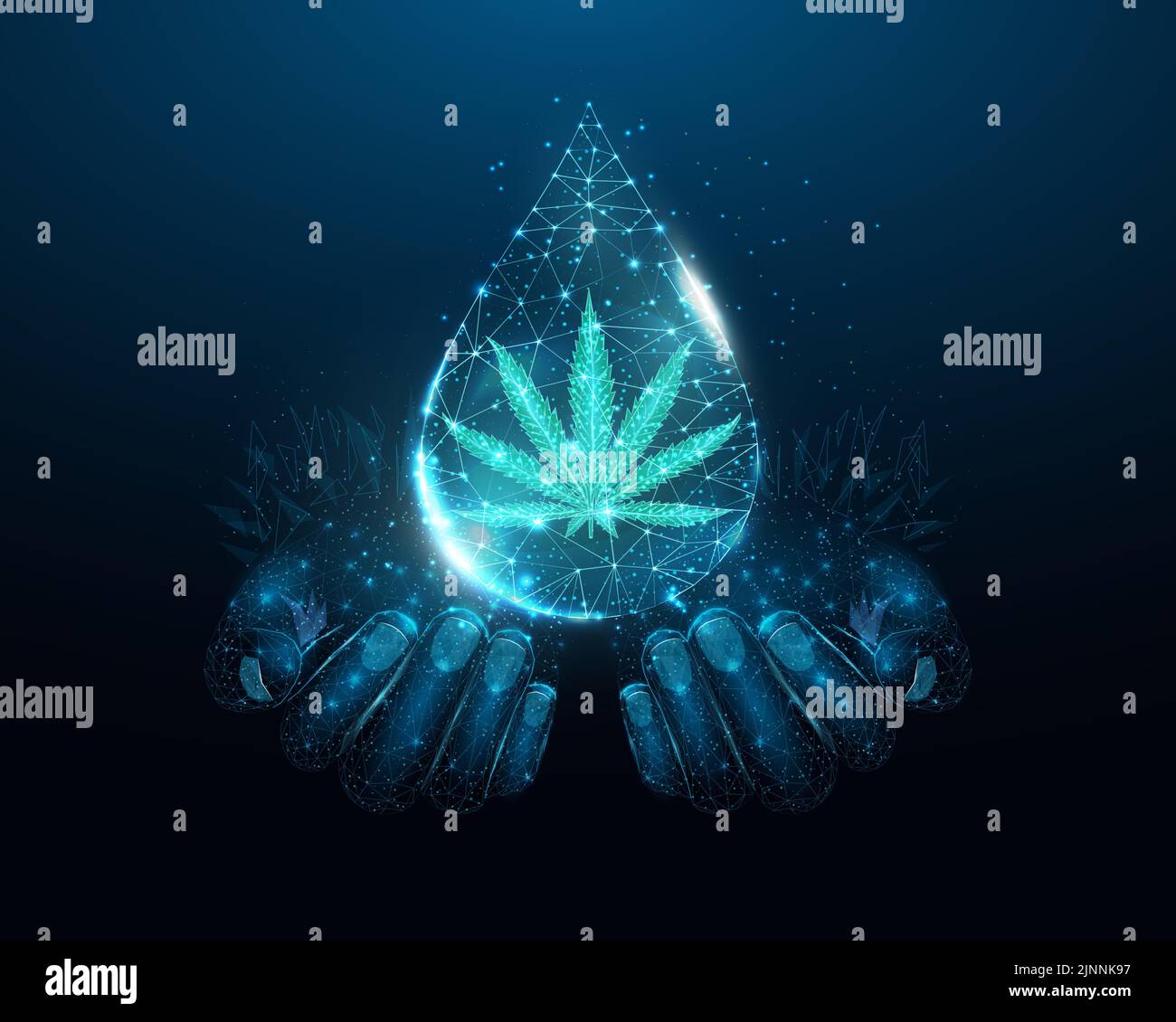 Two human hands are holds cannabis oil. Low poly hemp in oil drop ...