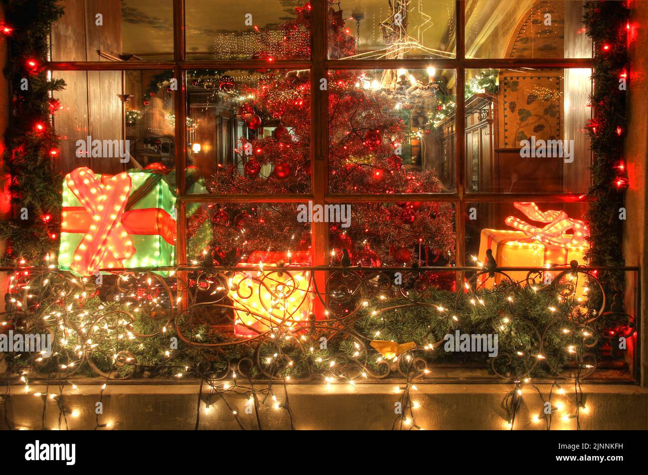 Decorated restaurant window night christmas hi-res stock photography ...