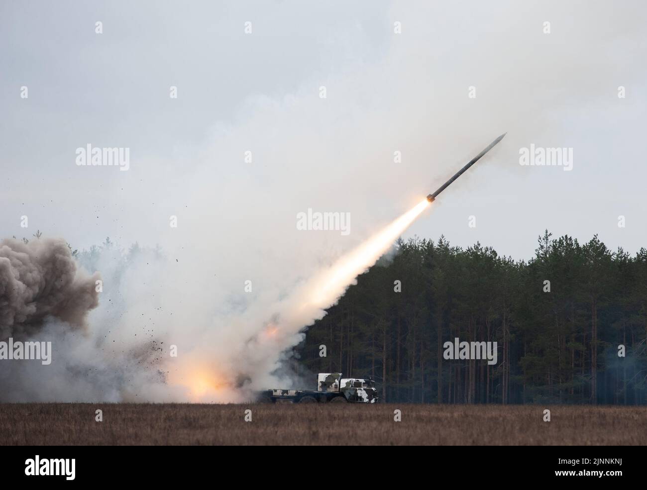 Launch of military missiles (rocket artillery) at the firing field ...
