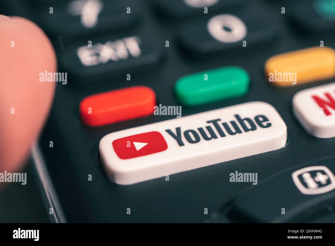 Barnaul russia, May 15, 2022: YouTube on television remote , hand ...